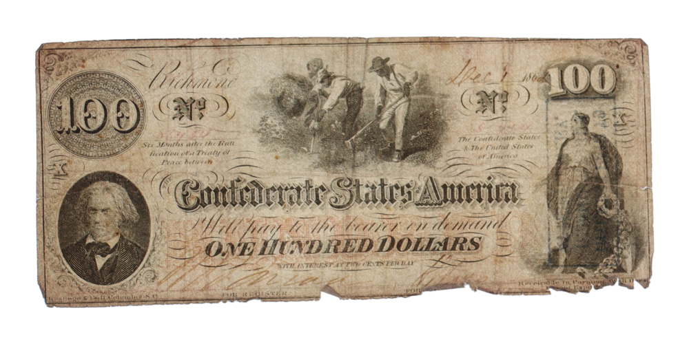 1862 $100 Hundred Dollar Confederate States of America Currency Note ...
