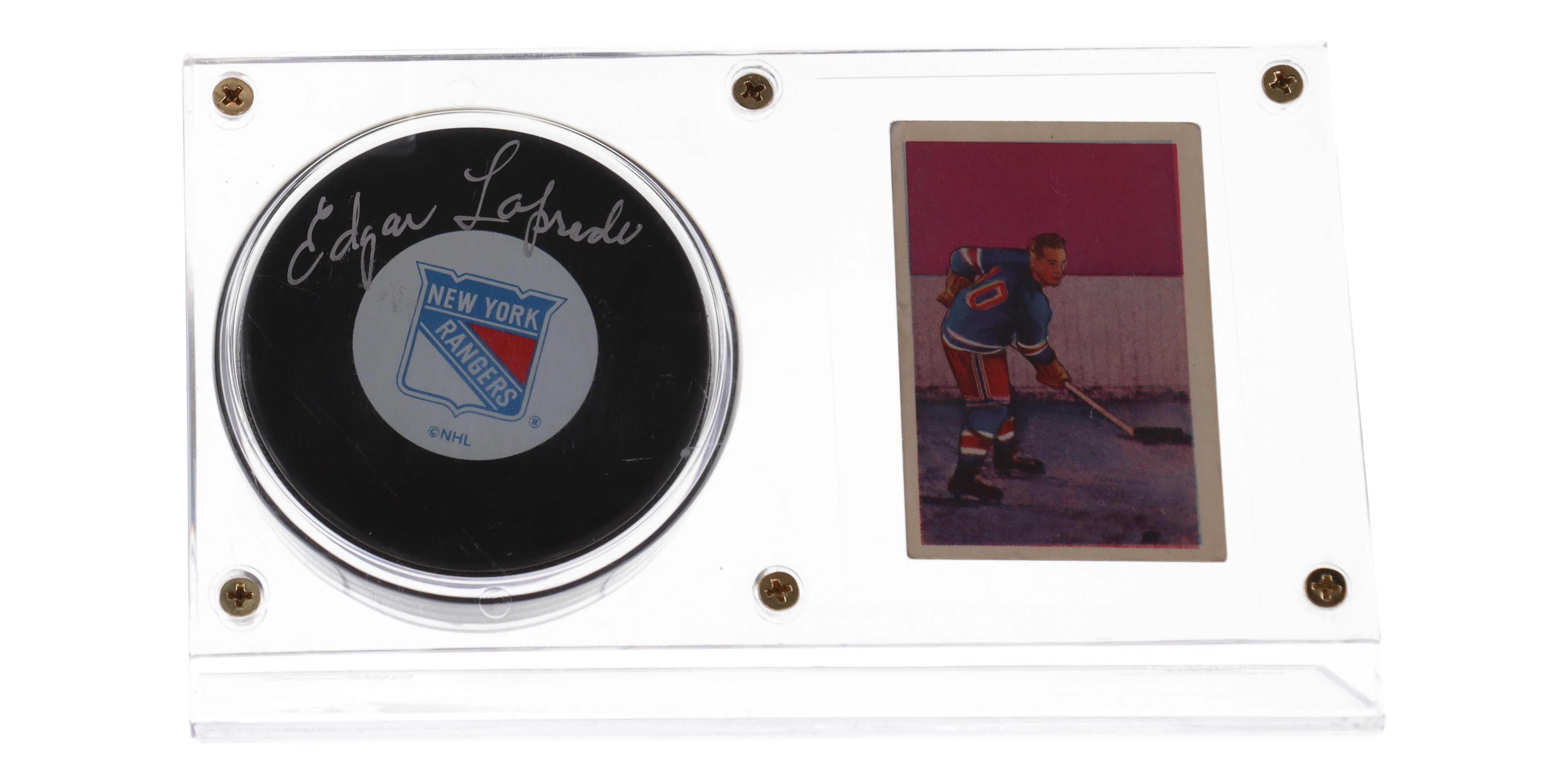 Edgar Laprade Signed Rangers Logo Hockey Puck Display with 1952-53 ...