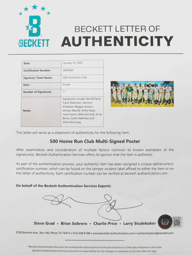 "The 500 Home Run Club" Custom Framed Poster Signed by (11) with Ted ...