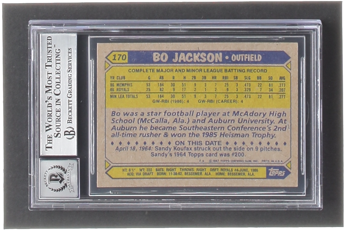 Bo Jackson Signed 1987 Topps #170 RC (BGS) | Pristine Auction