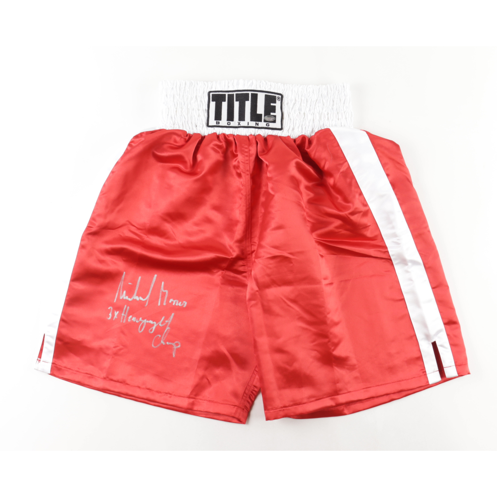 Michael Moorer Signed Title Boxing Trunks Inscribed "3x Heavyweight ...
