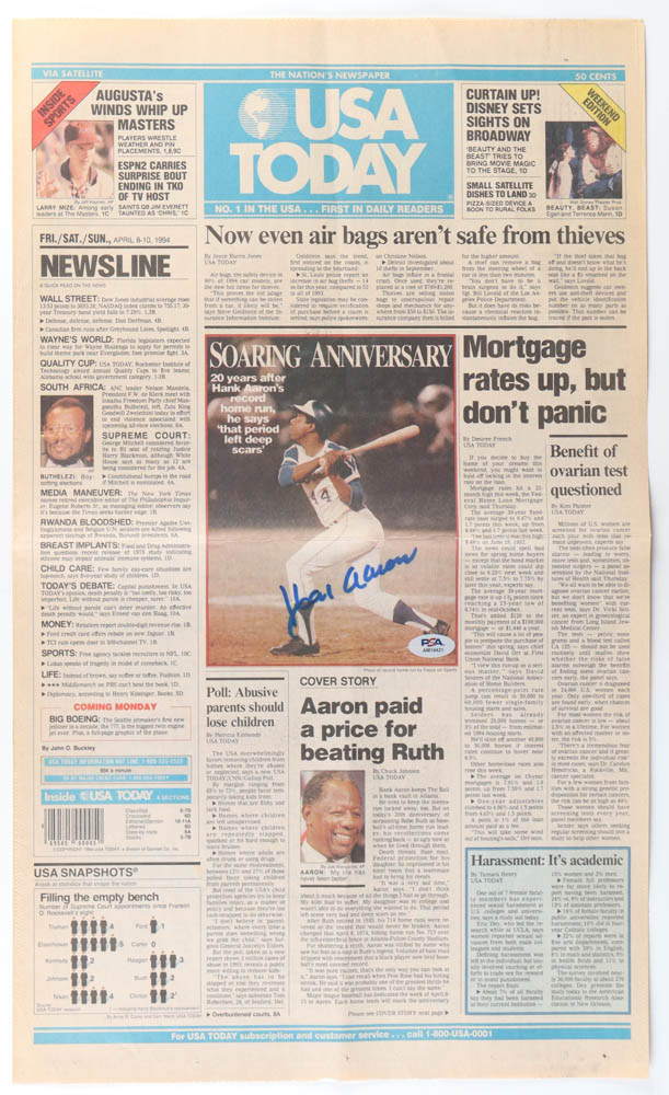 Hank Aaron Signed 1994 "USA Today" Newspaper (PSA) | Pristine Auction
