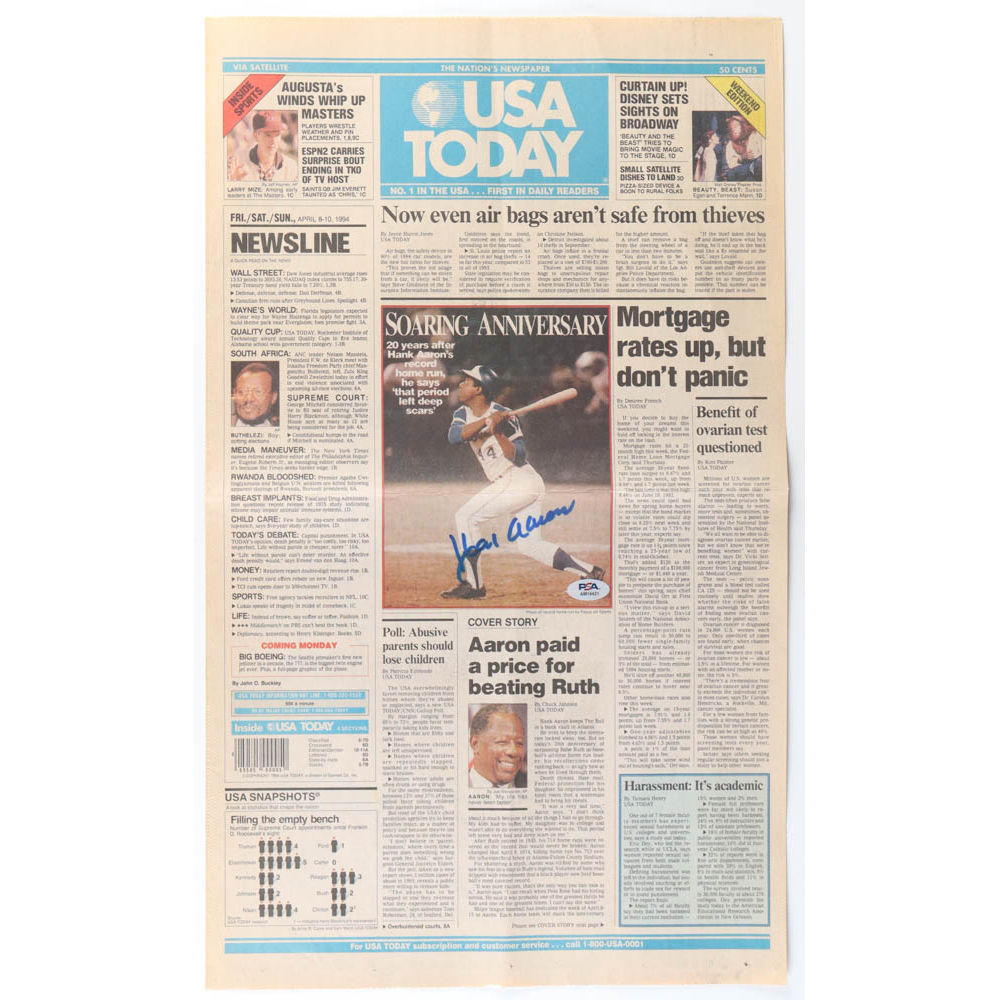 Hank Aaron Signed 1994 "USA Today" Newspaper (PSA) | Pristine Auction