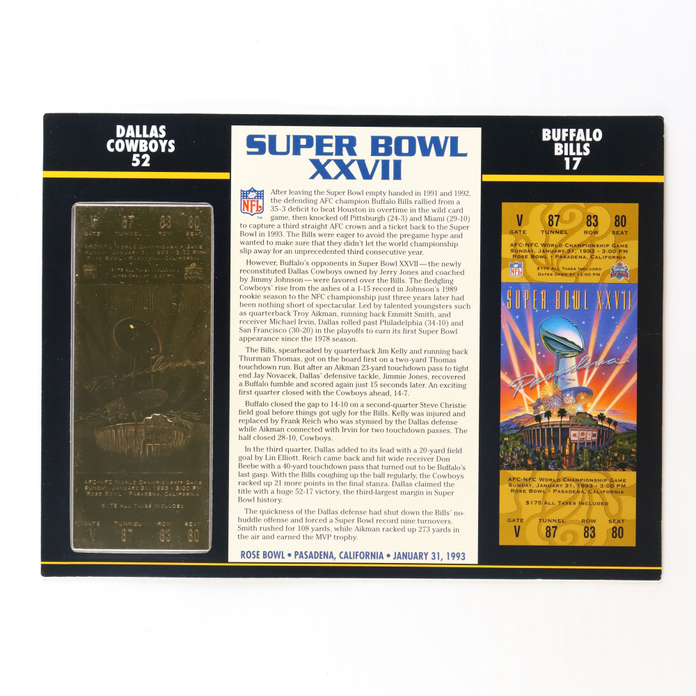 Super Bowl XXVII Commemorative 9x12 Score Card Display with 23kt Gold ...