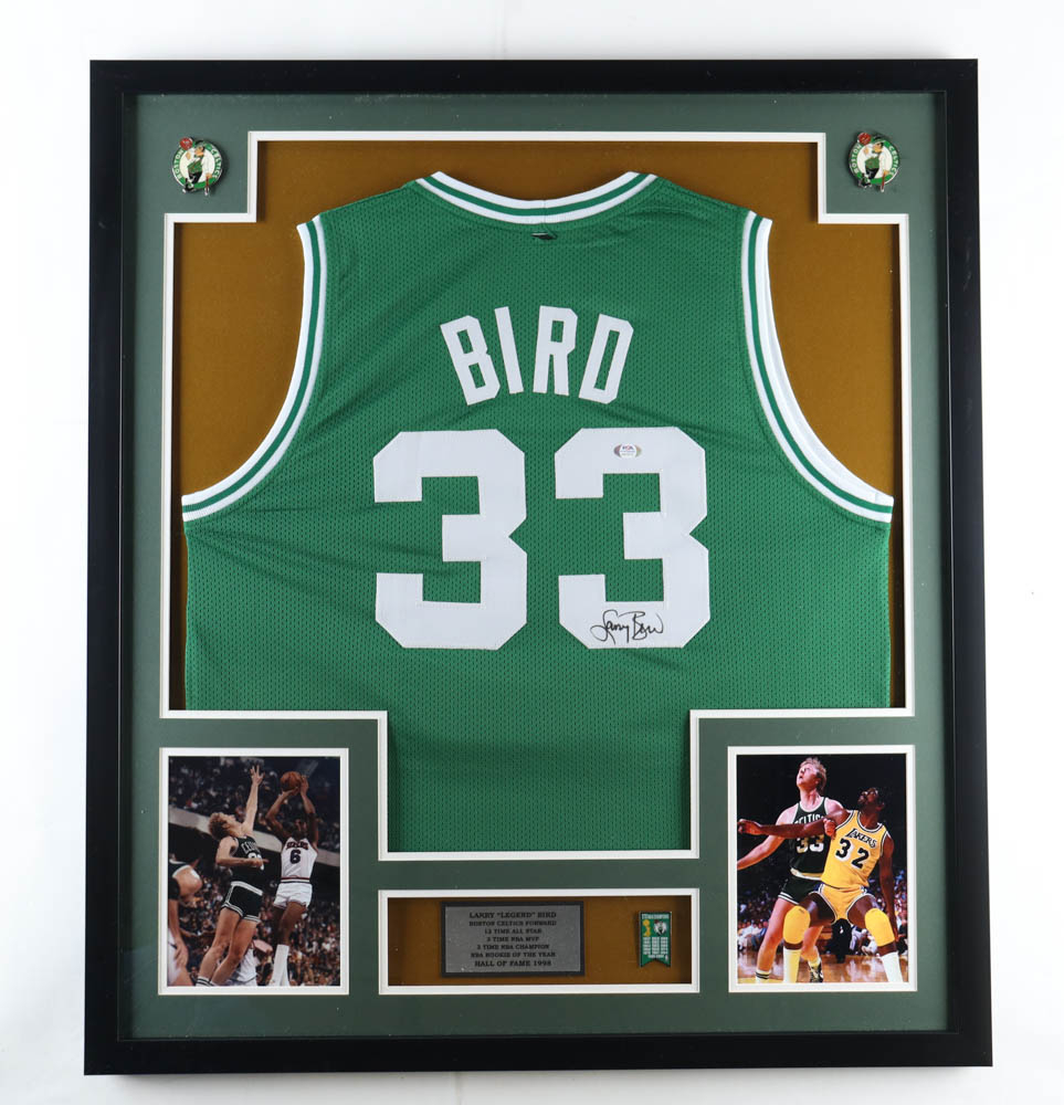 Larry Bird Signed Celtics Custom Framed Jersey Display with Mini Metal Championship Banner (PSA ...