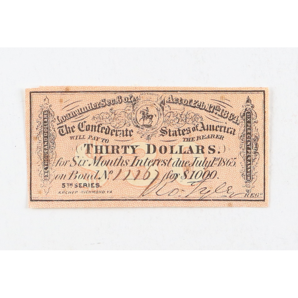 1886 $30 Thirty Dollars Confederate States of America Richmond CSA Bank ...