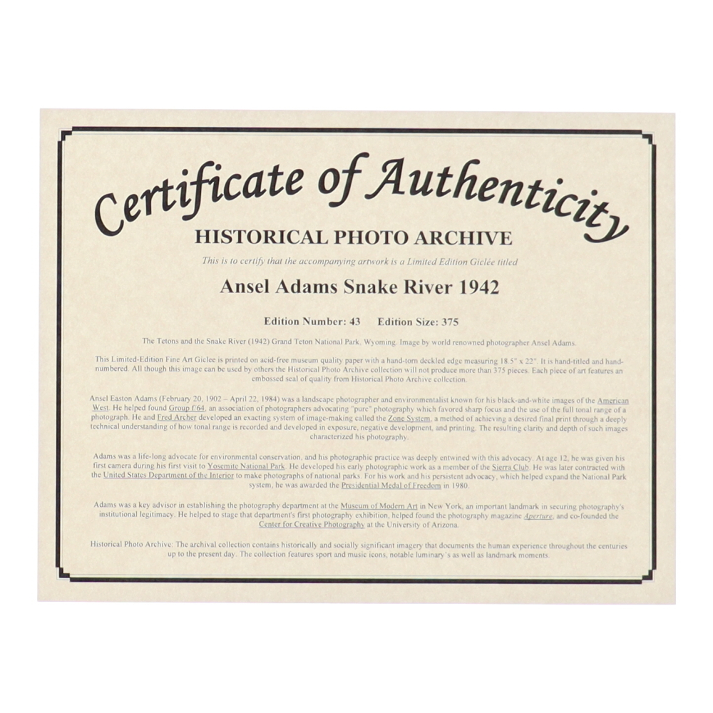 Historical Photo Archive - “Ansel Adams Snake River ” Limited Edition ...