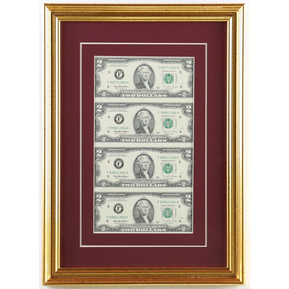 Uncut Sheet of (4) 1995-H $2 Two-Dollar U.S. Federal Reserve Notes ...
