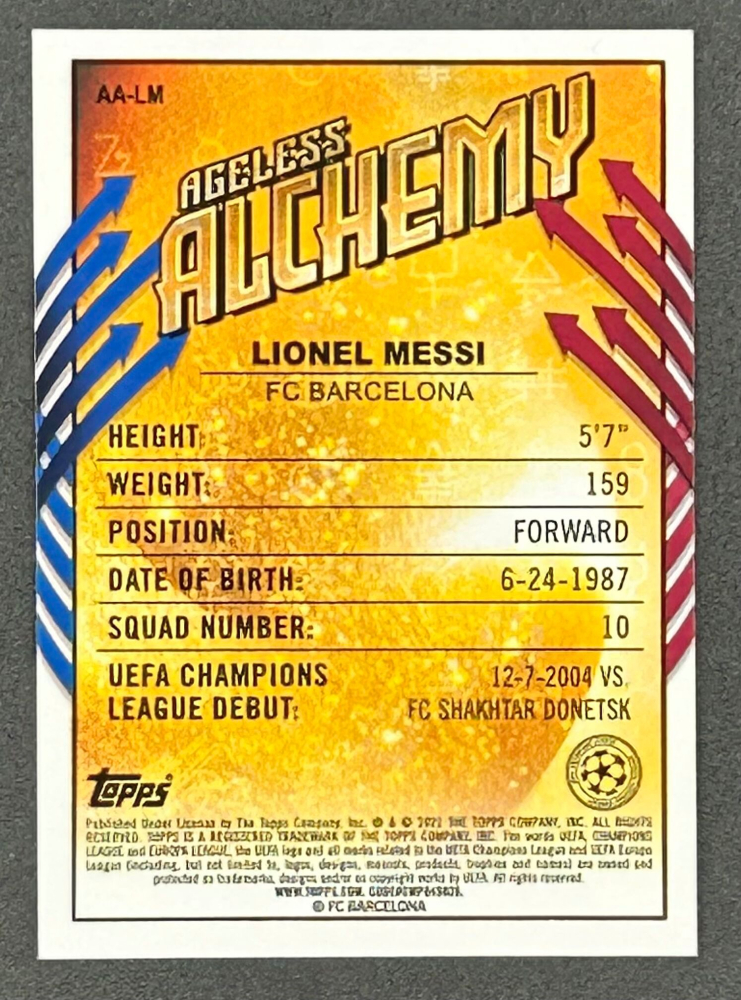 Lionel Messi 2021-22 Merlin UEFA Champions League Ageless Alchemy #AA1 ...