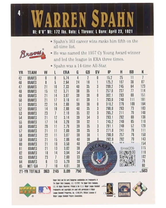 Warren Spahn Signed 2001 Upper Deck Hall of Famers #4 (Beckett ...