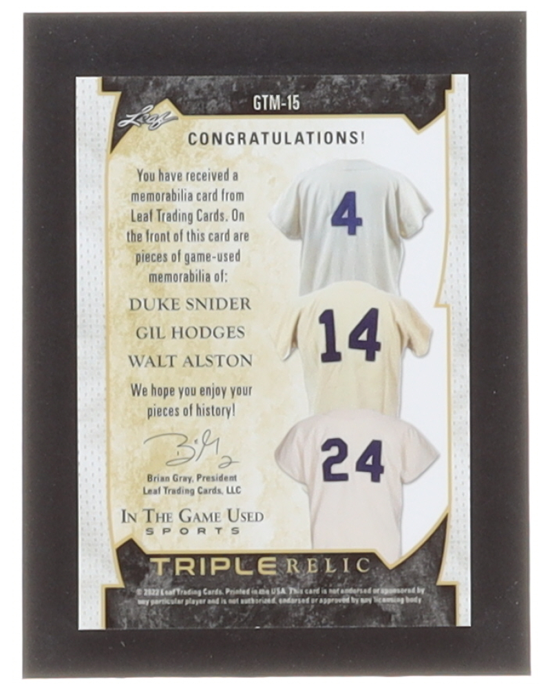 Duke Snider / Gil Hodges / Walt Alston 2022 Leaf Triple Relic ITG Used ...