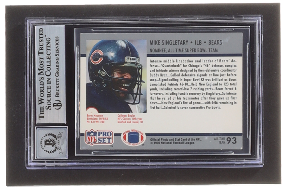 Mike Singletary Signed 1990-91 Pro Set Super Bowl 160 #93 (BGS ...