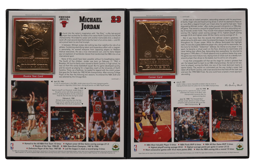 Michael Jordan Set of (2) 22KT Gold Rookie & Career Basketball Cards with Binder | Pristine Auction