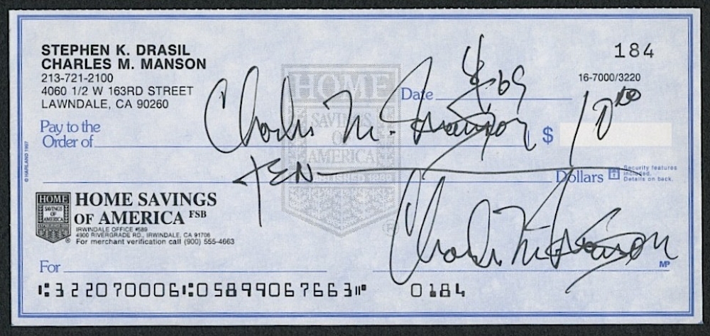 Charles Manson Signed Vintage Bank Check Dated August 1969 (JSA ALOA ...