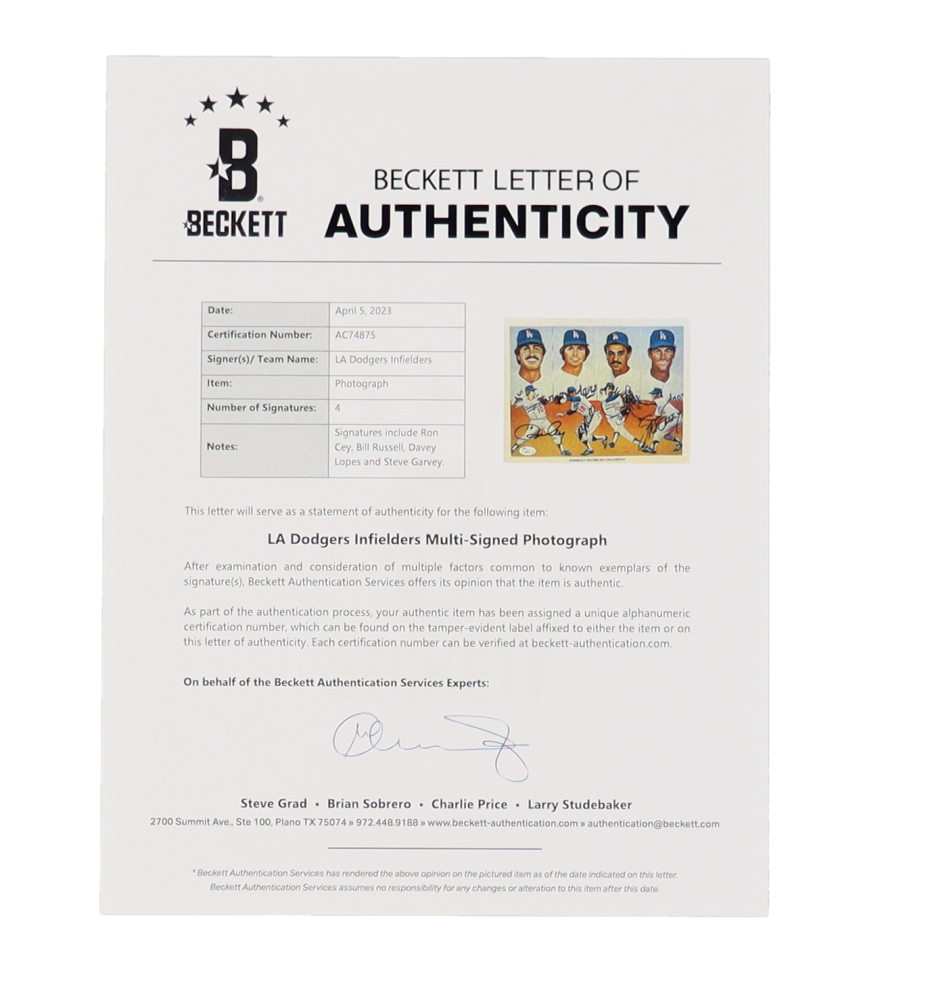 Dodgers Infielders 8x10 Photo Signed by (4) with Ron Cey, Bill Russell ...