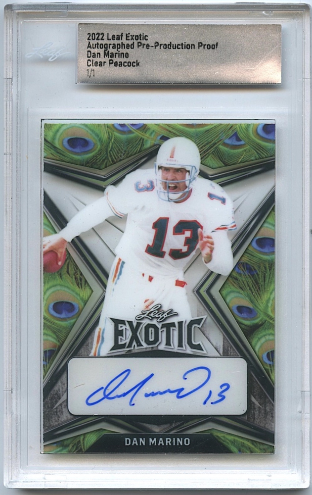 Dan Marino 2022 Leaf Exotic Pre-Production Proof Clear Peacock ...