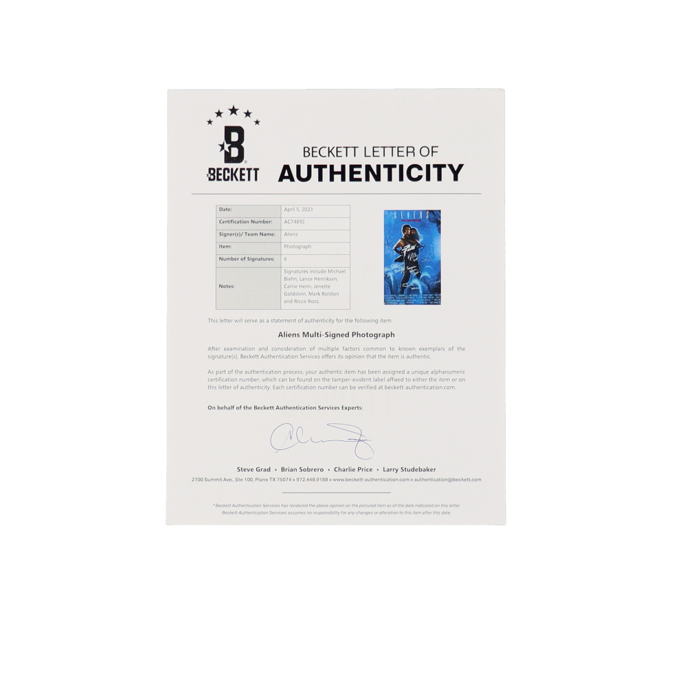 "Aliens" 11x17 Movie Poster Photo Signed by (6) with Michael Biehn ...