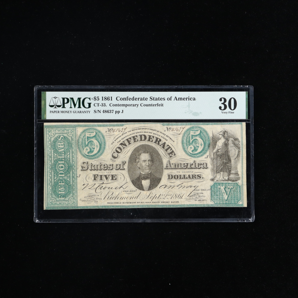 1861 $5 Five Dollar Confederate States of America Currency Note (PMG 30 ...