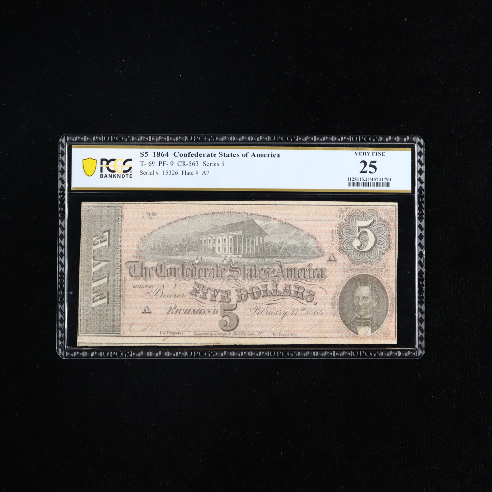 1864 $5 Five Dollar Confederate States of America Currency Note (PCGS ...