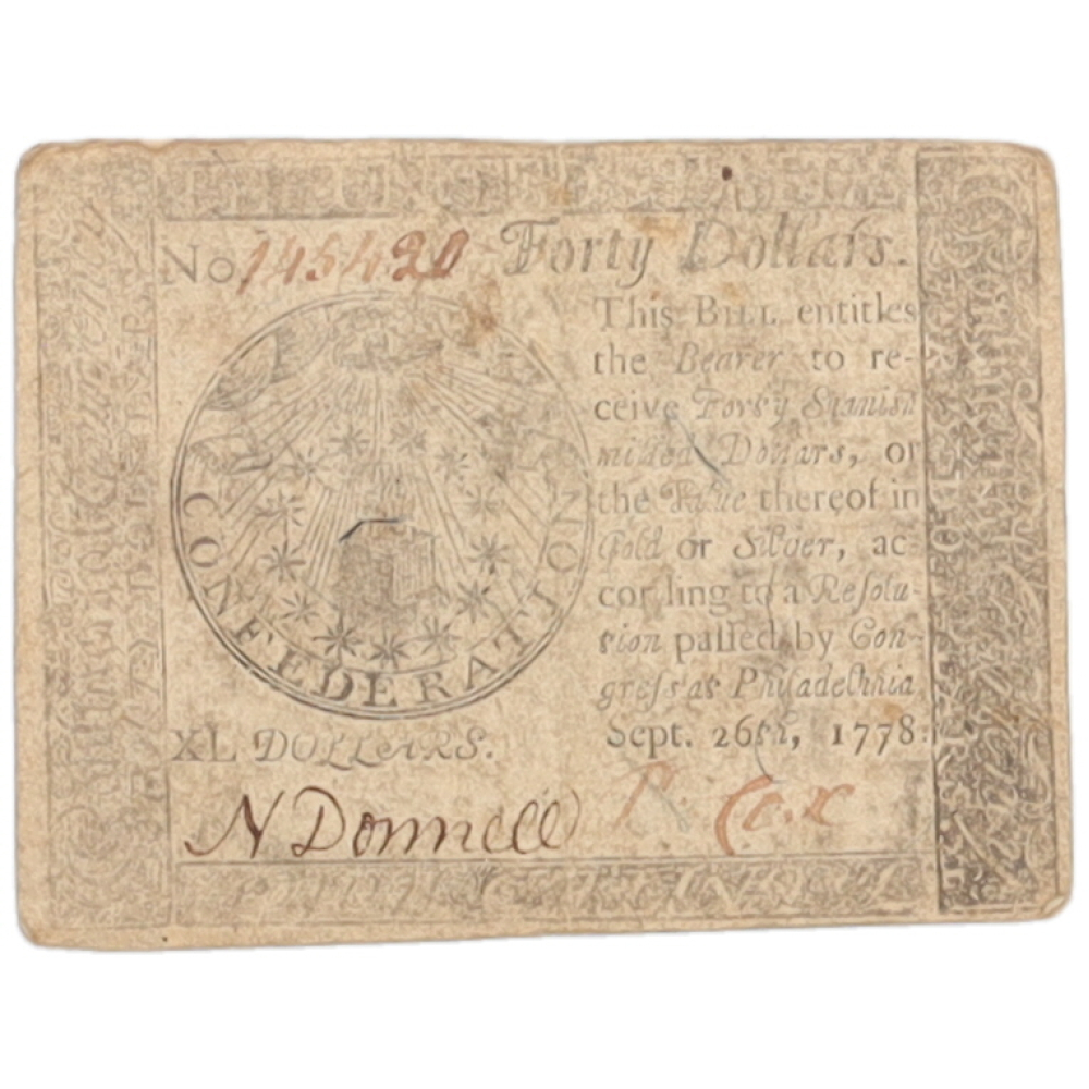 1778 $40 Forty Dollar American Colonial Currency Note | Pristine Auction