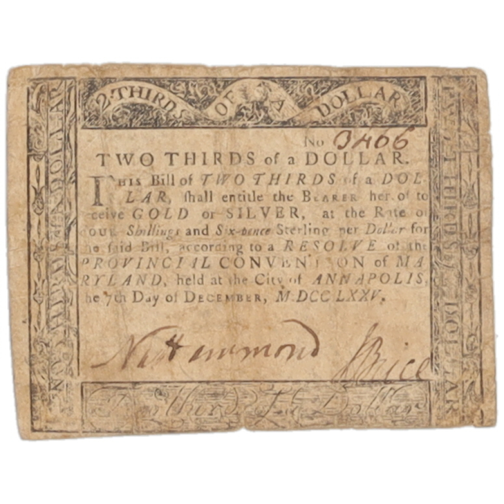 1775 Two Thirds of a Dollar Maryland Colonial Currency Note | Pristine ...