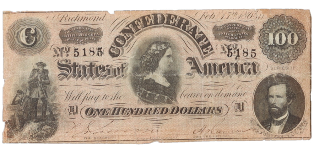 1864 $100 One Hundred Dollars Confederate States of America Richmond ...