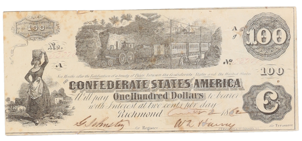 1862 $100 One Hundred Dollars Confederate States of America Richmond ...