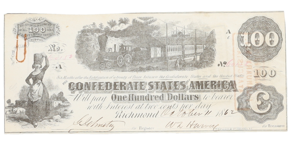 1862 $100 One Hundred Dollars Confederate States of America Richmond ...