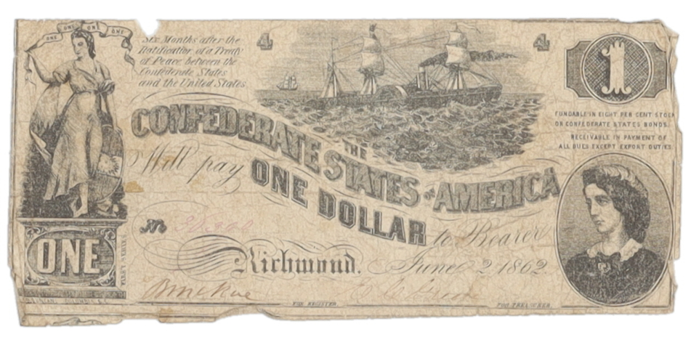 1862 $1 One Dollar Confederate States of America Richmond CSA Bank Note ...