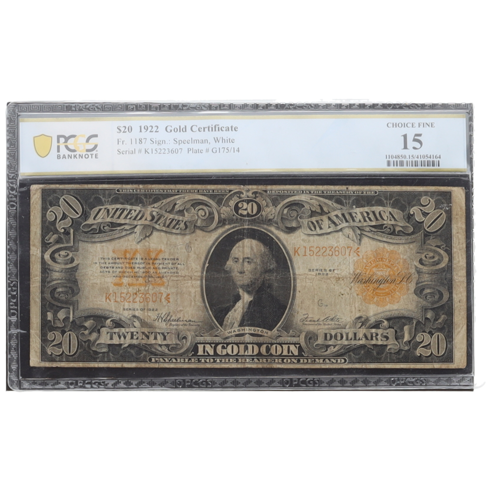 1922 $20 Twenty Dollar Gold Certificate U.S. Bank Note (PMG CF15 ...