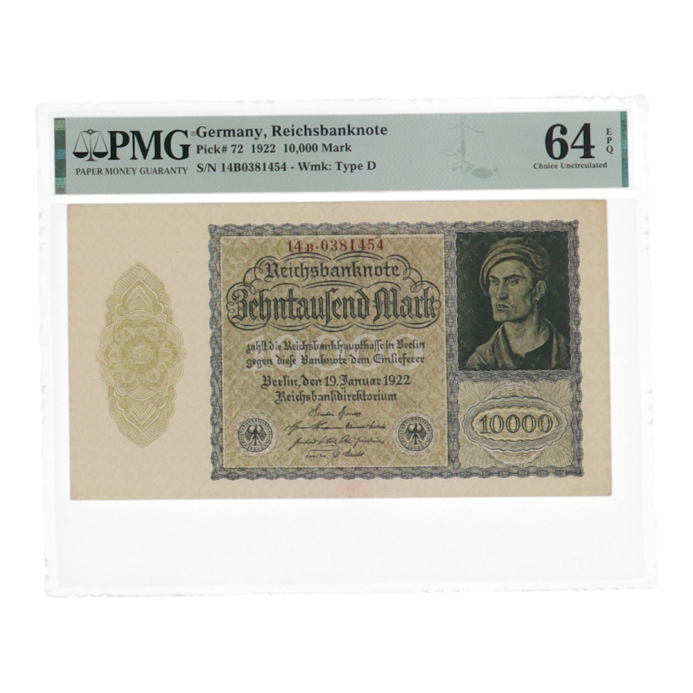1922 Germany 10,000 Mark Reichsbanknote (PMG Choice Unc 64 EPQ ...