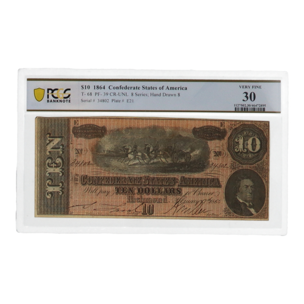 1864 $10 Ten Dollars Confederate States of America T-68 Bank Note Bond ...