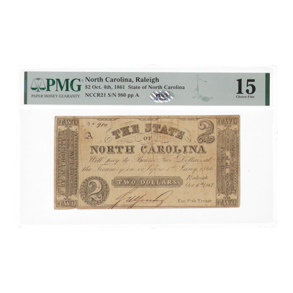 1861 $2 Two Dollar The State of North Carolina Treasury Note (PMG CF15 ...