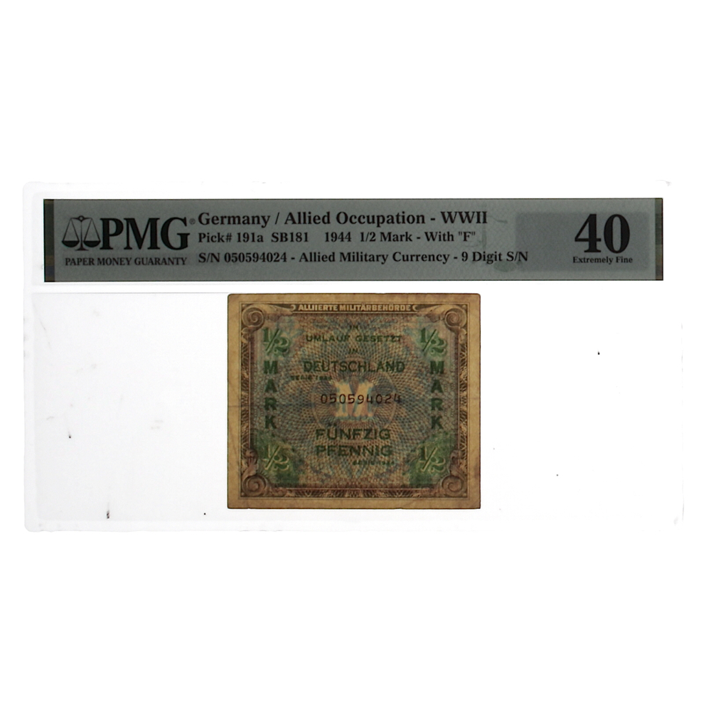 1944 Germany / Allied Occupation WWII - 1/2 Mark With "F" (PMG EF40) | Pristine Auction