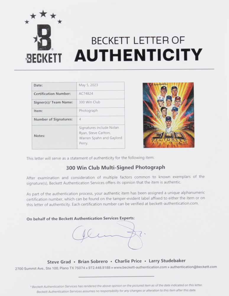 "300 Win Club" 8x10 Ron Lewis Art Piece Signed by (4) with Nolan Ryan ...