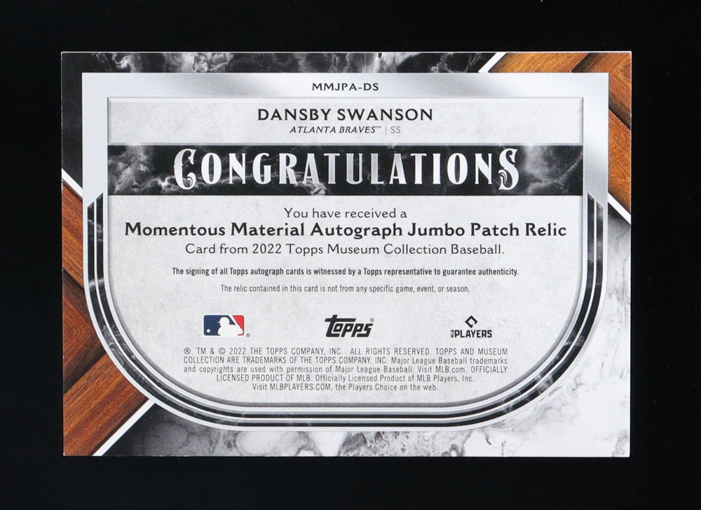 Dansby Swanson 2022 Topps Museum Collection Momentous Material Jumbo Patch Autographs Emerald # ...