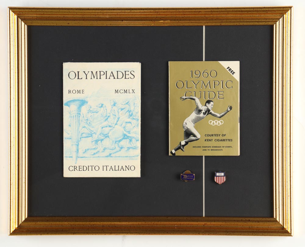 1960 Rome Olympics Custom Framed Guide Book Display with (2) Rome Pins ...