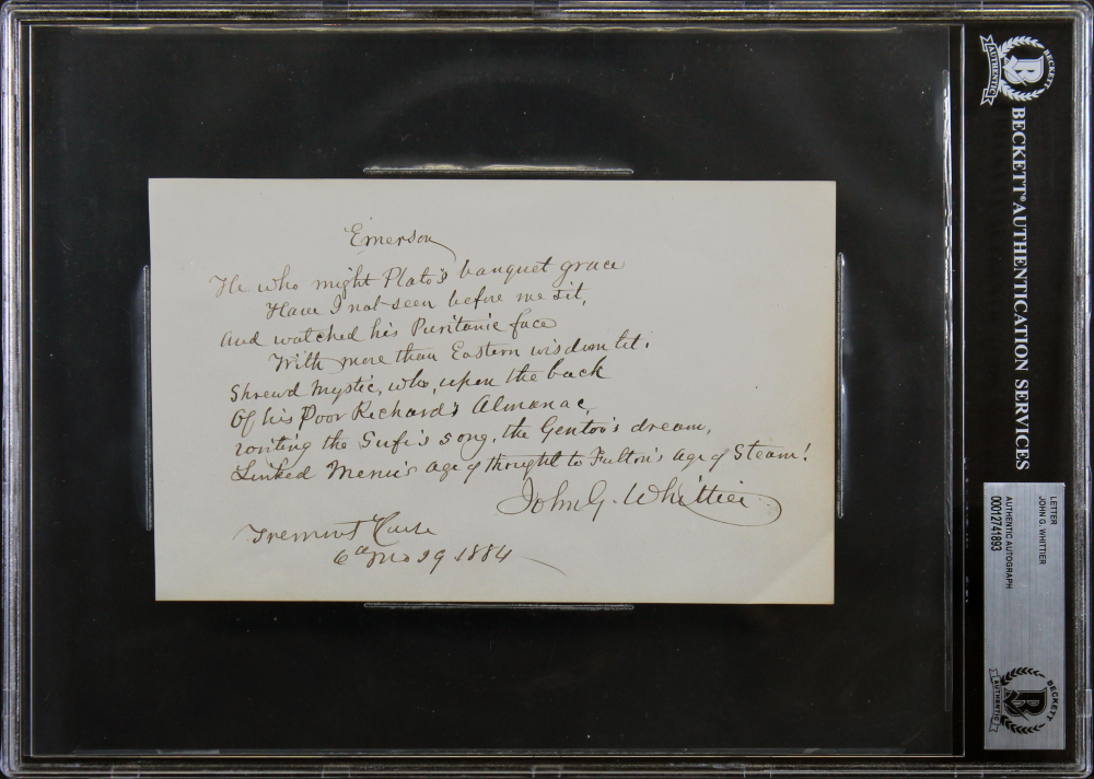 John G. Whittier Signed 4.75x7.5 1884 Handwritten Poem Excerpt (BAS ...