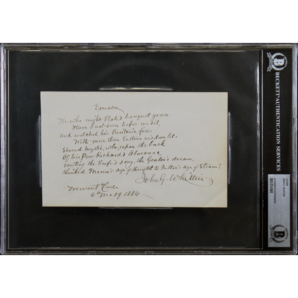 John G. Whittier Signed 4.75x7.5 1884 Handwritten Poem Excerpt (BAS ...