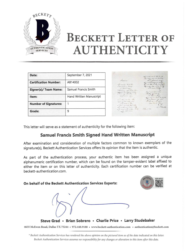 Samuel Francis Smith Signed 8x10 Hand Written Poem (Beckett | Autograph ...