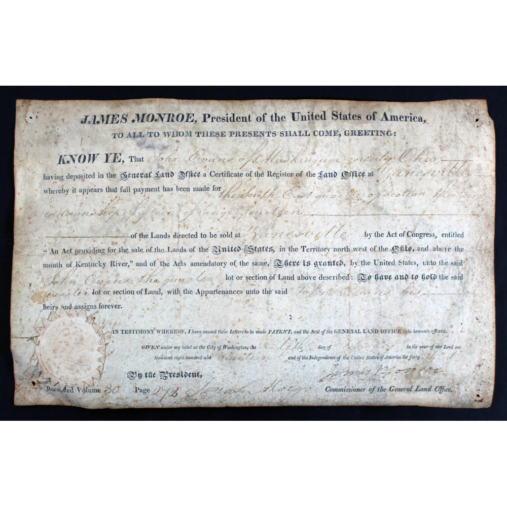James Monroe Signed 8.25x13.25 1819 Land Grant Document (JSA) | Pristine Auction