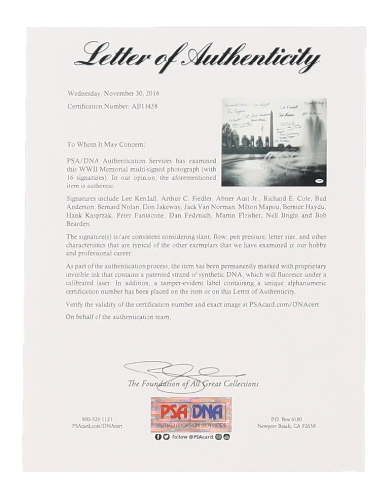 WWII Memorial 11x14 Photo Signed by (16) with Lee Kendall, Arthur C ...