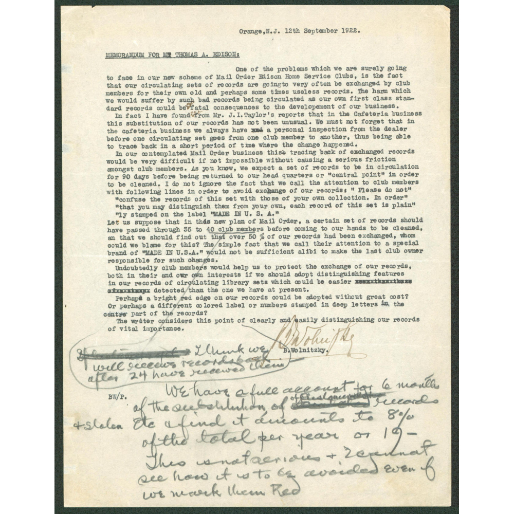 Thomas Edison 8.5x11 Handwritten Note On Interoffice Memorandum ...