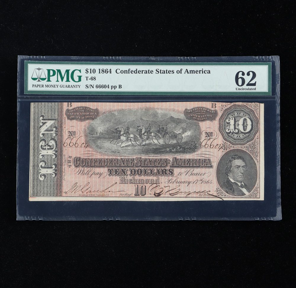 1864 $10 Ten Dollars Confederate States of America T-68 Bank Note Bond ...