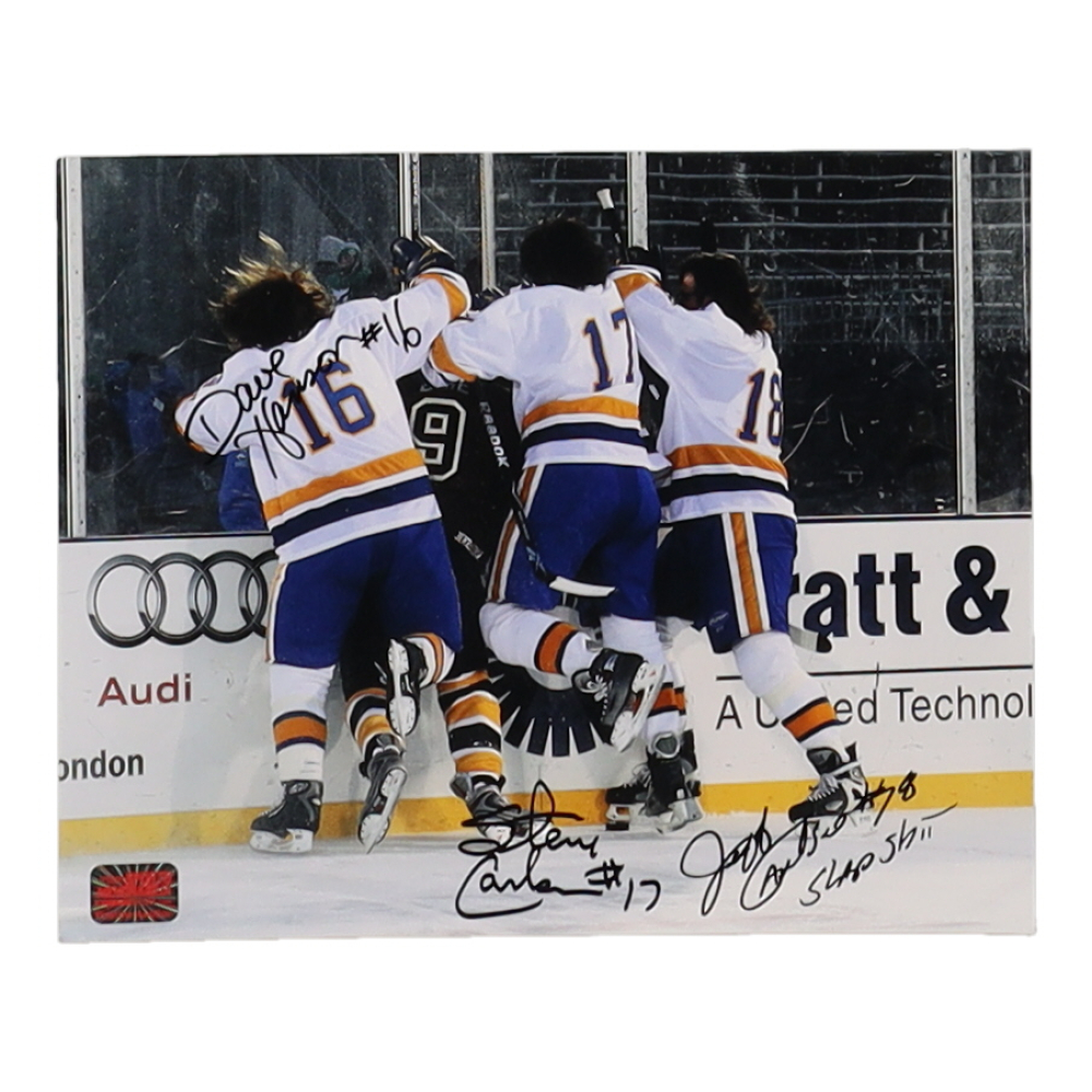 Dave Hanson, Steve Carlson & Jeff Carlson Signed "Slap Shot" 8x10 Photo (YSMS) | Pristine Auction