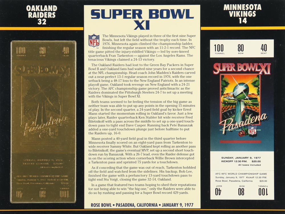 1977 Commemorative Super Bowl XI Card with Ticket: Raiders vs Vikings ...