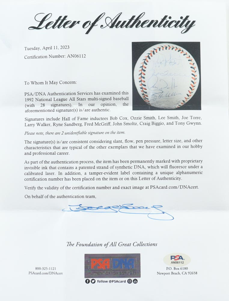 1992 All-Star Game Logo Baseball Signed By (28) with Tony Gwynn, Ozzie Smith, Bob Cox, Lee Smith ...