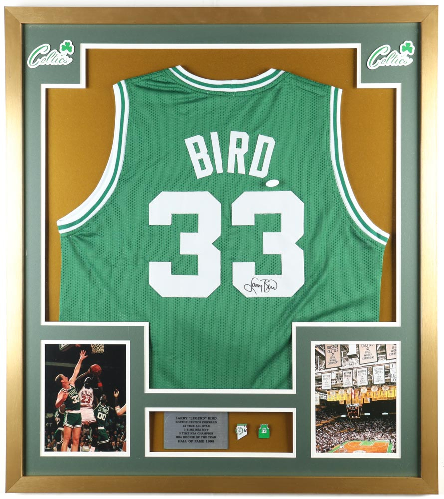 Larry Bird Signed Custom Framed Jersey Display with a (2) Celtics Championship Pins (Beckett ...