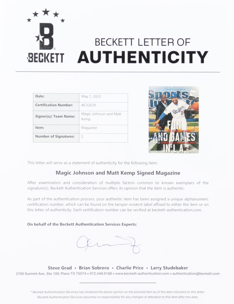 Magic Johnson & Matt Kemp Signed 2012 "Sports Illustrated" Magazine (Beckett & PSA) | Pristine ...