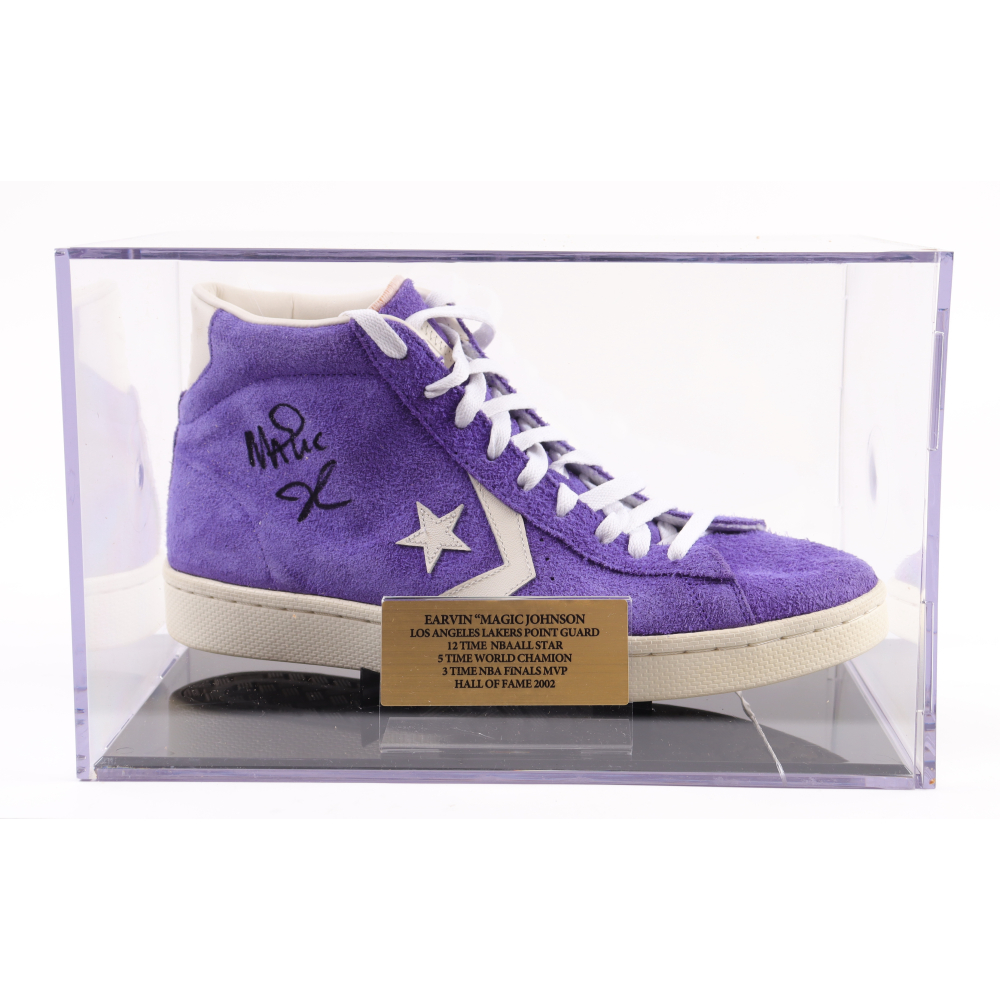 Magic Johnson Signed Converse Basketball Shoe with Acrylic Display Case ...